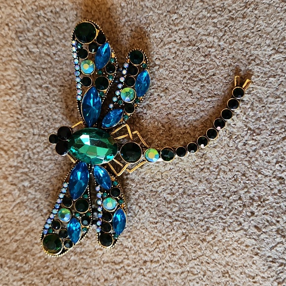 Jewelry | Euc Dragonfly Pin Brooch Green Teal Turquoise Blue Gold Bling ...